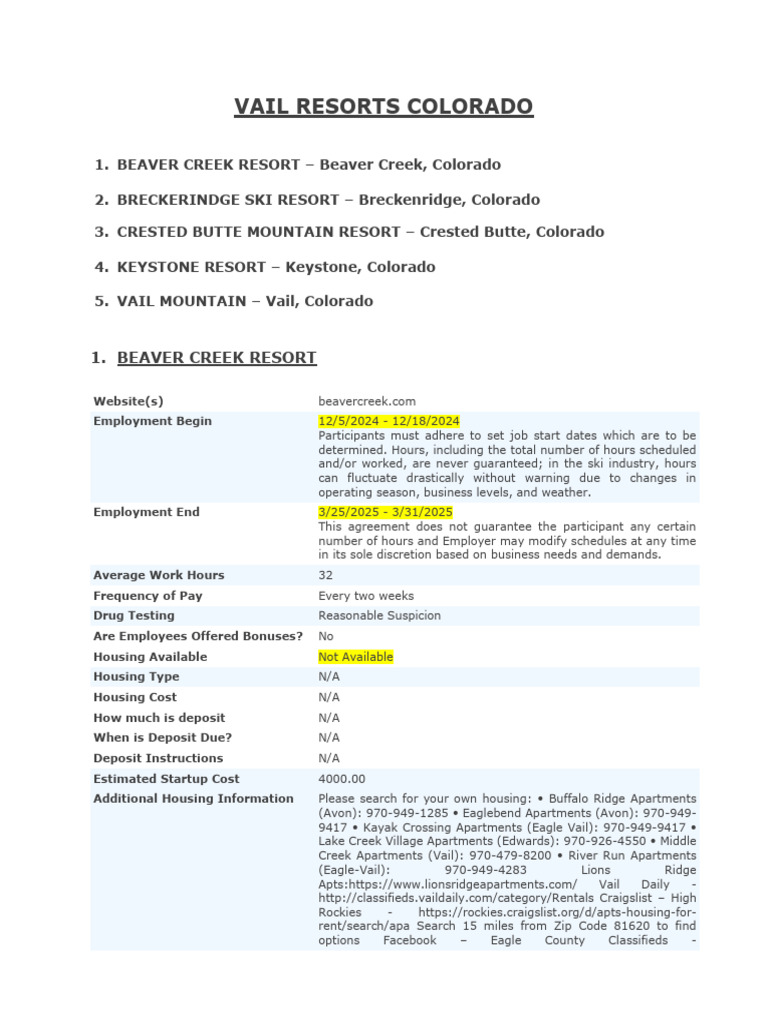 Vail Resorts COLORADO | PDF
