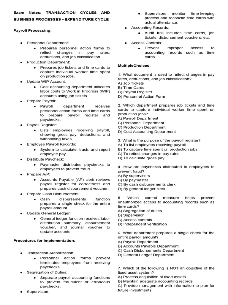 Exam Notes - TRANSACTION CYCLES AND BUSINESS PROCESSES - EXPENDITURE ...