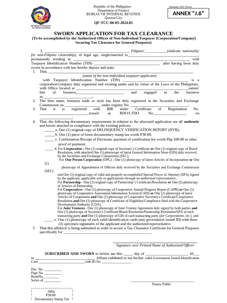Sworn Application For Tax Clearance For General Purposes (Non-Individual Taxpayers) | PDF