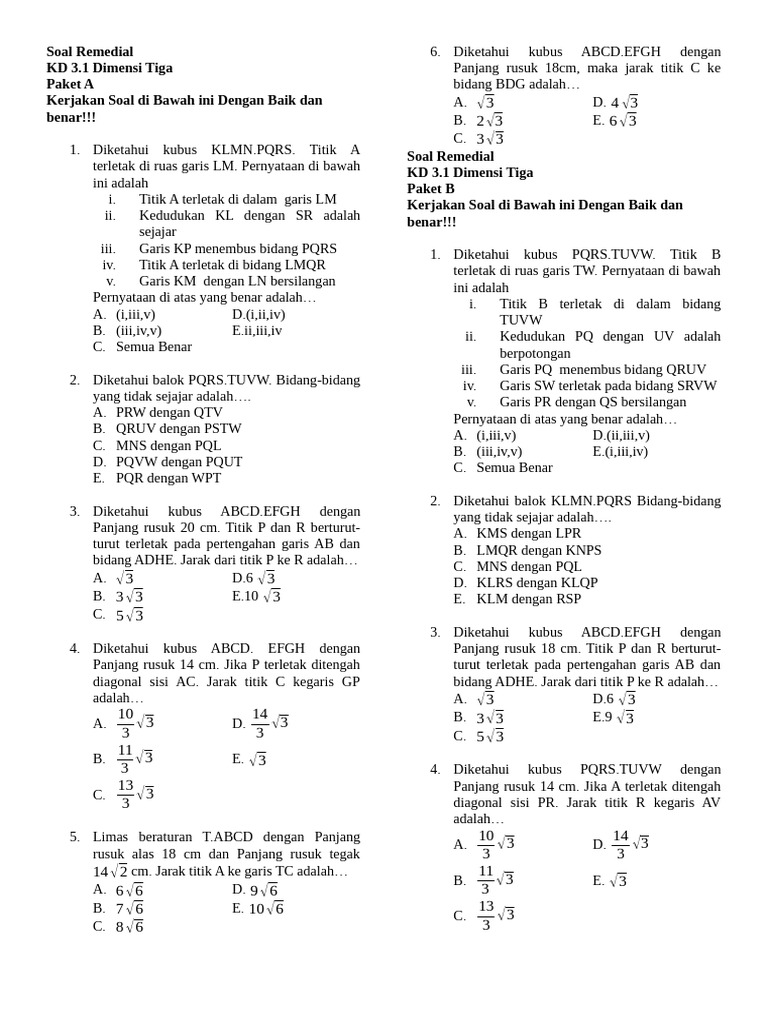 Soal Remedial Dimensi Tiga | PDF
