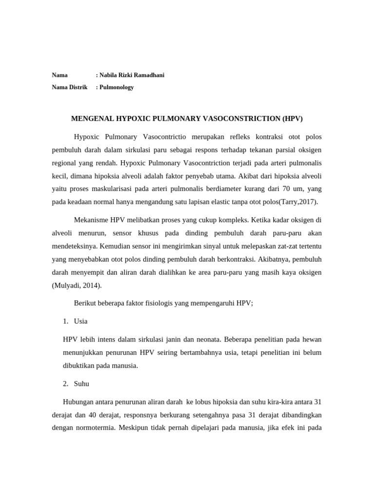 Mengenal Hypoxic Pulmonary Vasoconstriction (HPV) : Nama: Nabila Rizki Ramadhani Nama Distrik ...