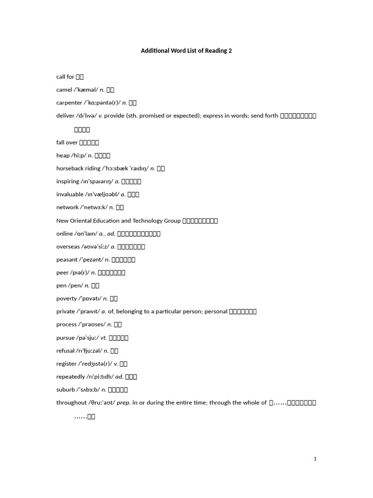 U1 Additional Word List of Reading 2 | PDF