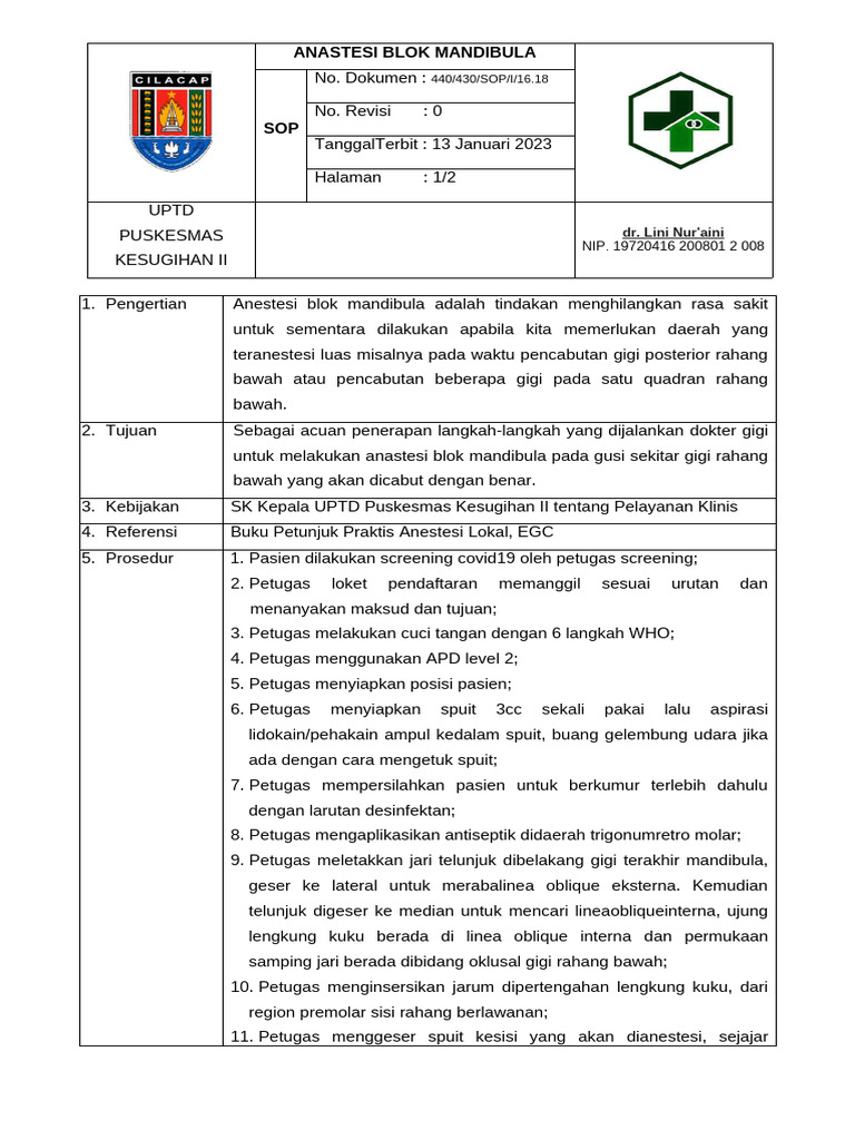 Sop Anastesi Blok Mandibula | PDF