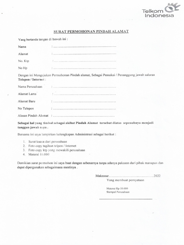 Form Pindah Alamat Modem Telkom | PDF