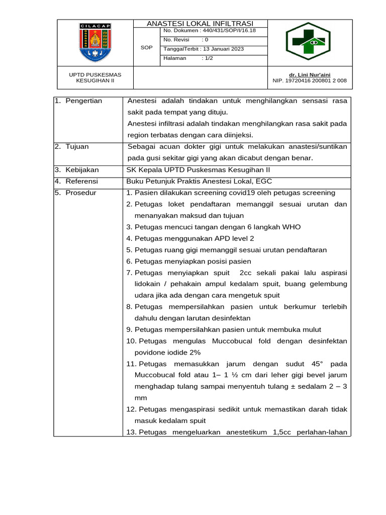 Sop Anastesi Infiltrasi | PDF