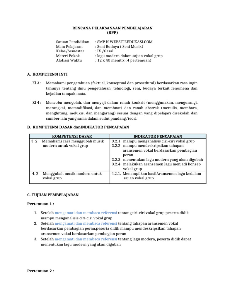 RPP Seni Budaya K9 BAB 2 Vokal Grup | PDF