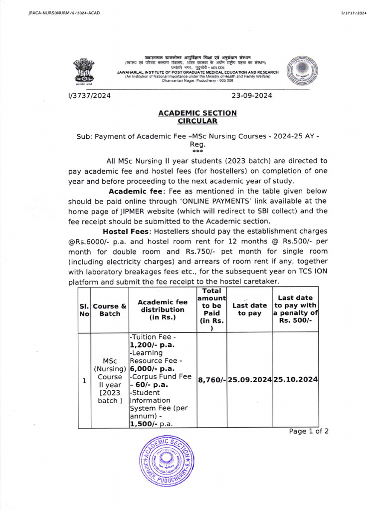 MSC Nursing Academic Fee Circular 2024-25 AY | PDF