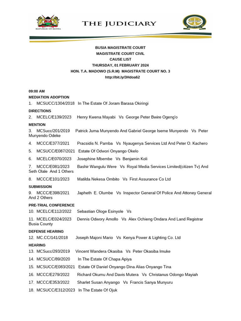Busia Magistrate Court Civil Cause List For February 2024 | PDF