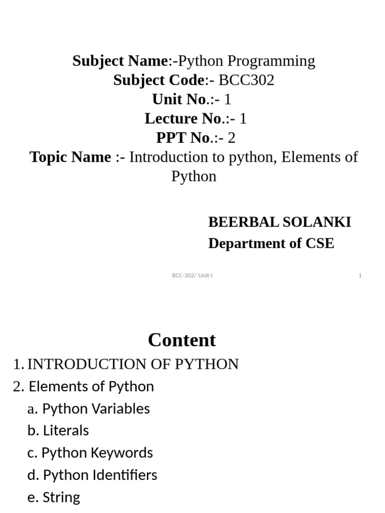 BCC-302 Unit1 Lecture 1 | PDF | Python (Programming Language) | Reserved Word