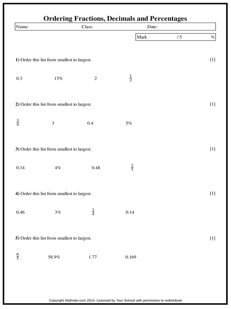 Ordering Fractions, Decimals and Percentages | PDF