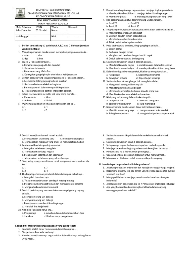 PTS PPKN SMT 1 Kelas 6 | PDF