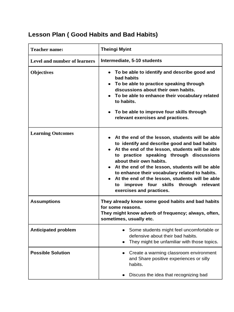 Lesson Plan - TP (Good Habits and Bad Habits) - New | PDF