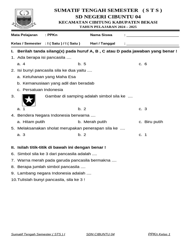 SOAL PTS PPKN KLS 1TP 2024 2025 | PDF