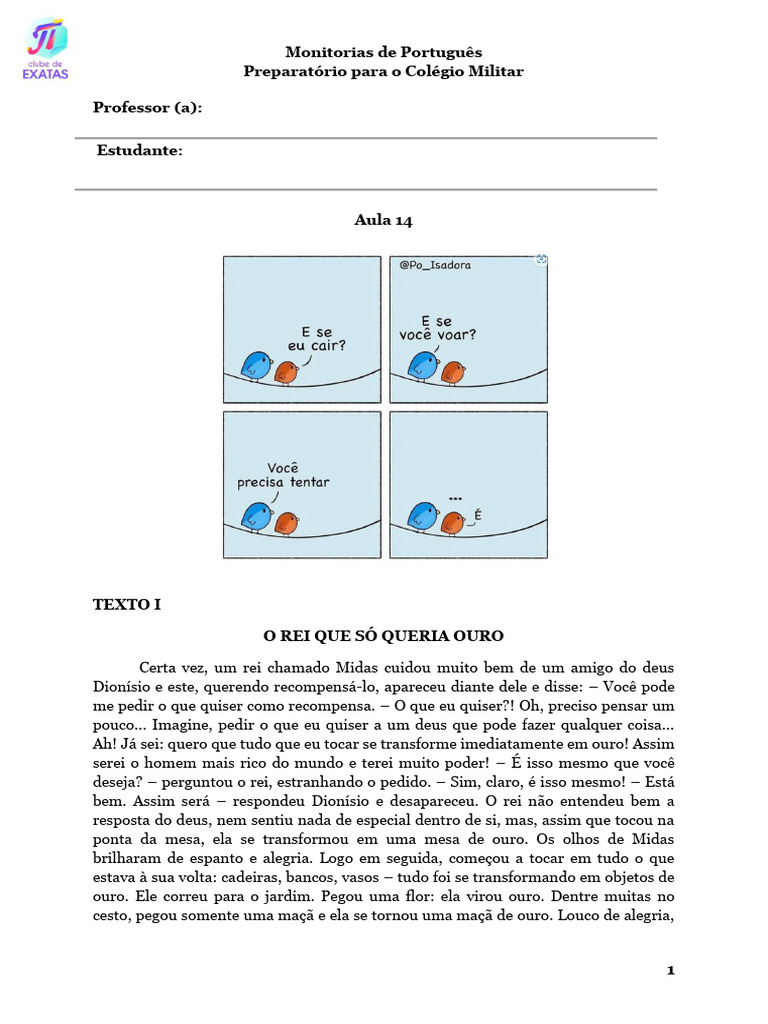 AULA 14. Monitoria de Portugu-S. Clube de Exatas. (PRONTO) | PDF