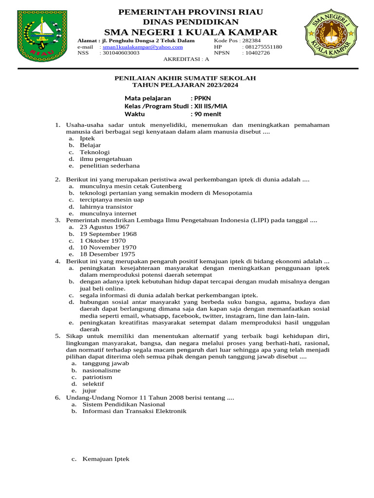 Soal UAS PKN 2024 | PDF