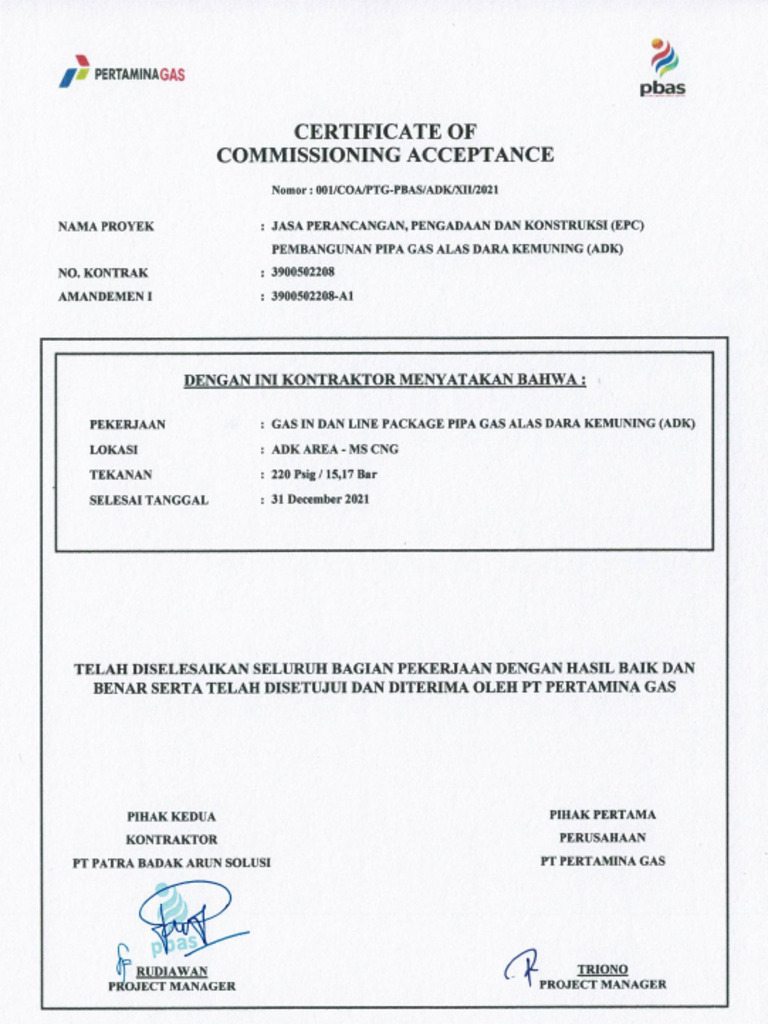 Certificate of Commisioning Acceptance | PDF
