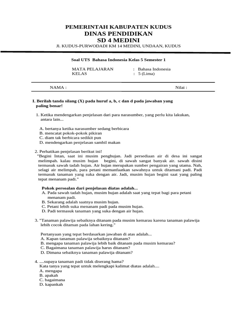 Soal Uts Bahasa Indonesia Kelas 5 | PDF | Languages Of Southeast Asia | Language Arts & Discipline