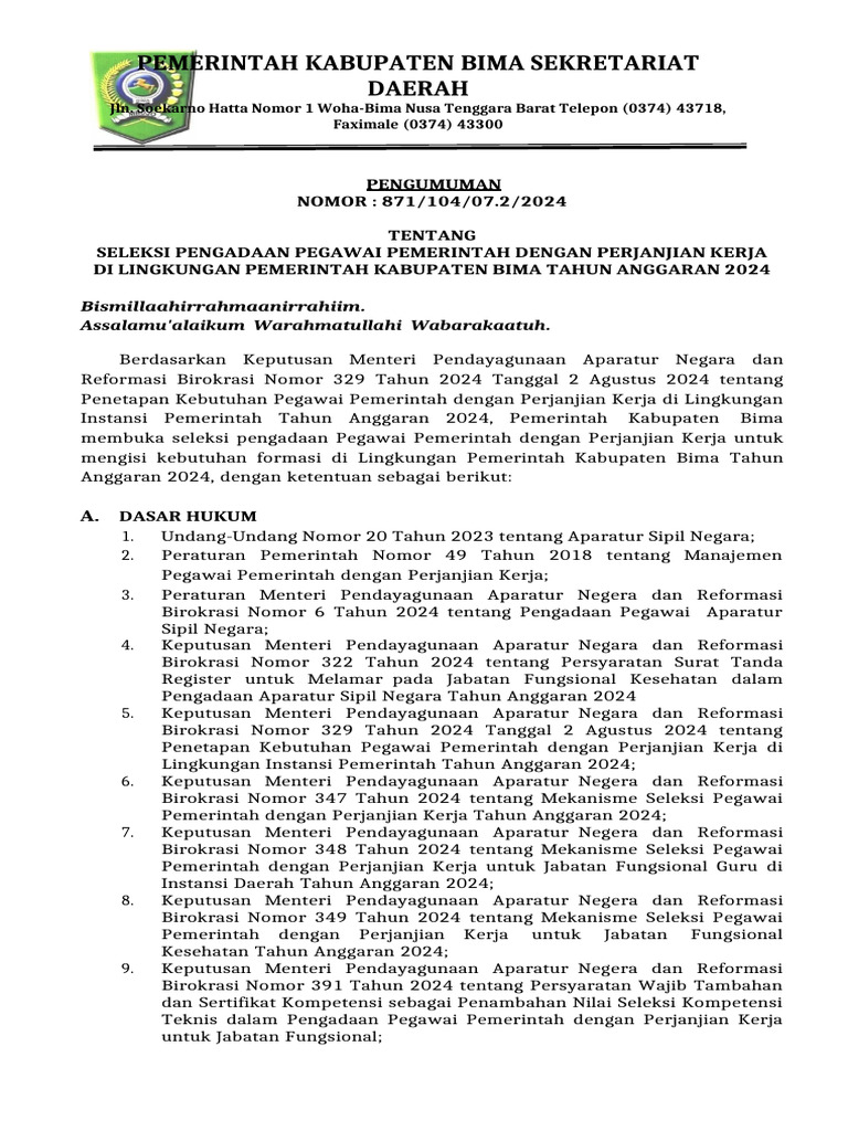 Pengumuman Seleksi Pengadaan Pegawai Pemerintah Dengan Perjanjian Kerja-1 | PDF
