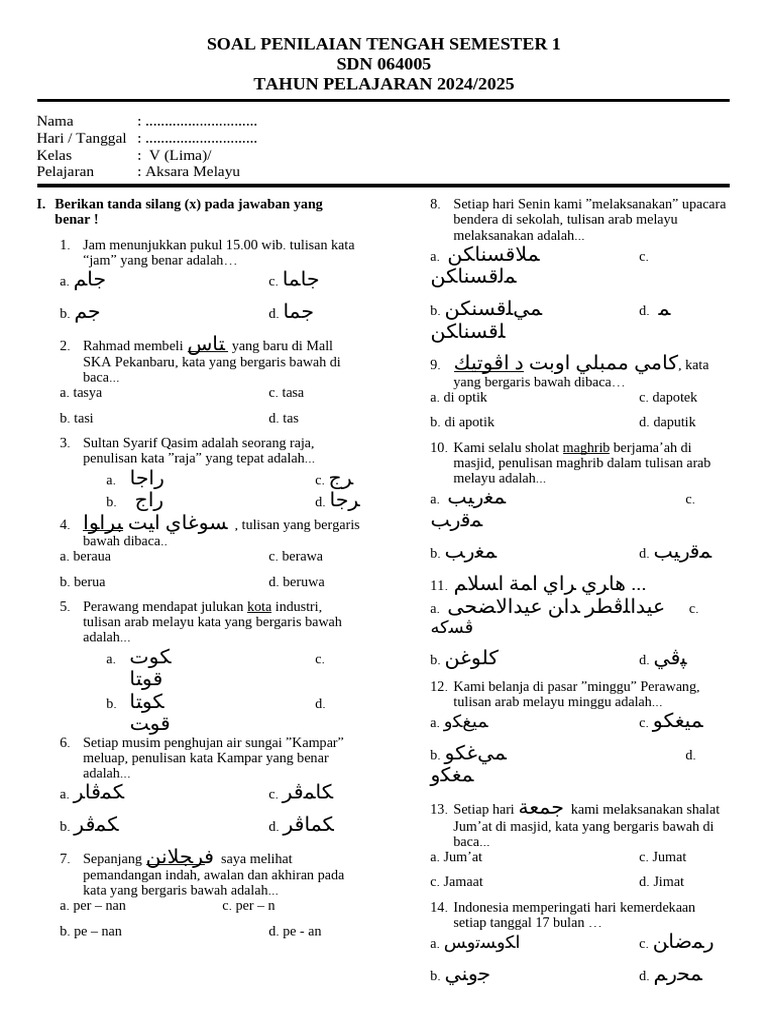Soal Mid PTS Kelas 5 Ganjil 2024 Aksara Melayu | PDF