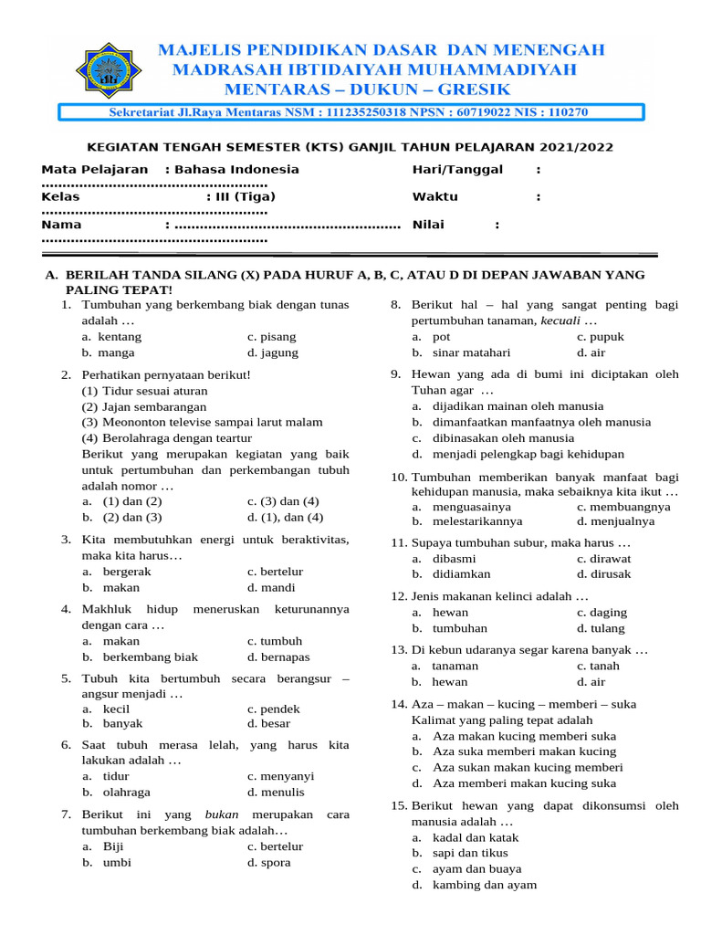 Bahasa Indonesia Kelas 3 Soal Part 1 | PDF