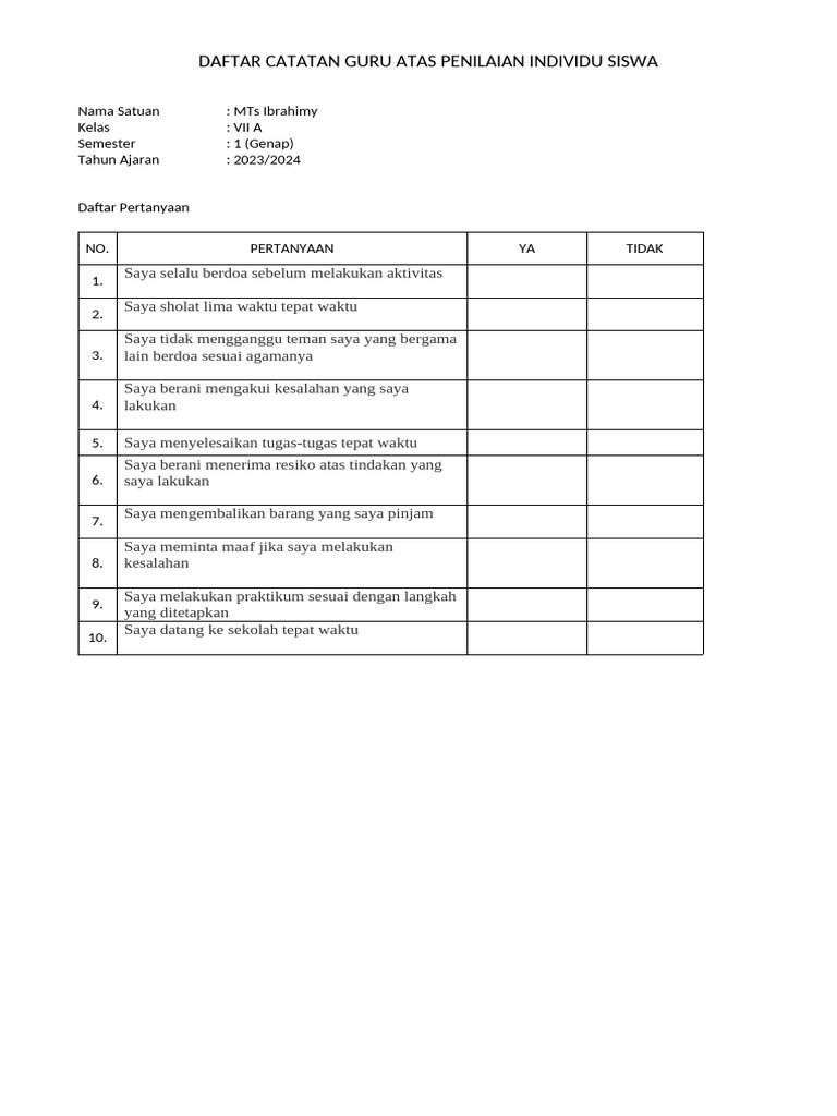 Daftar Catatan Guru Atas Penilaian Individu Siswa | PDF