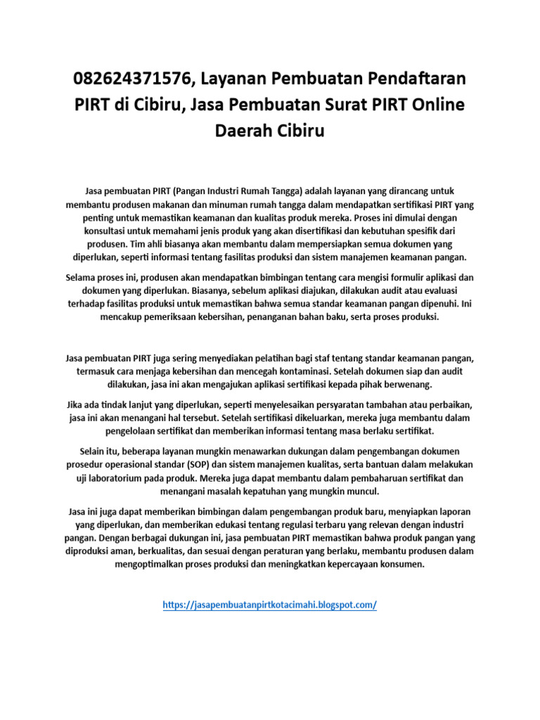 082624371576, Layanan Pembuatan Pendaftaran PIRT Di Cibiru, Jasa ...