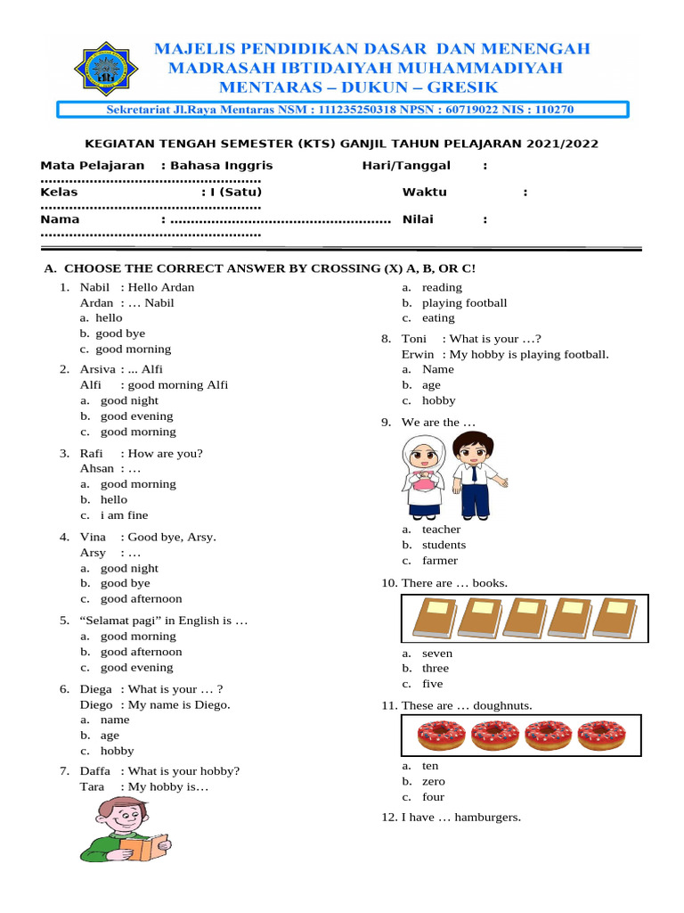 English Kelas 1 Soal Part 1 | PDF