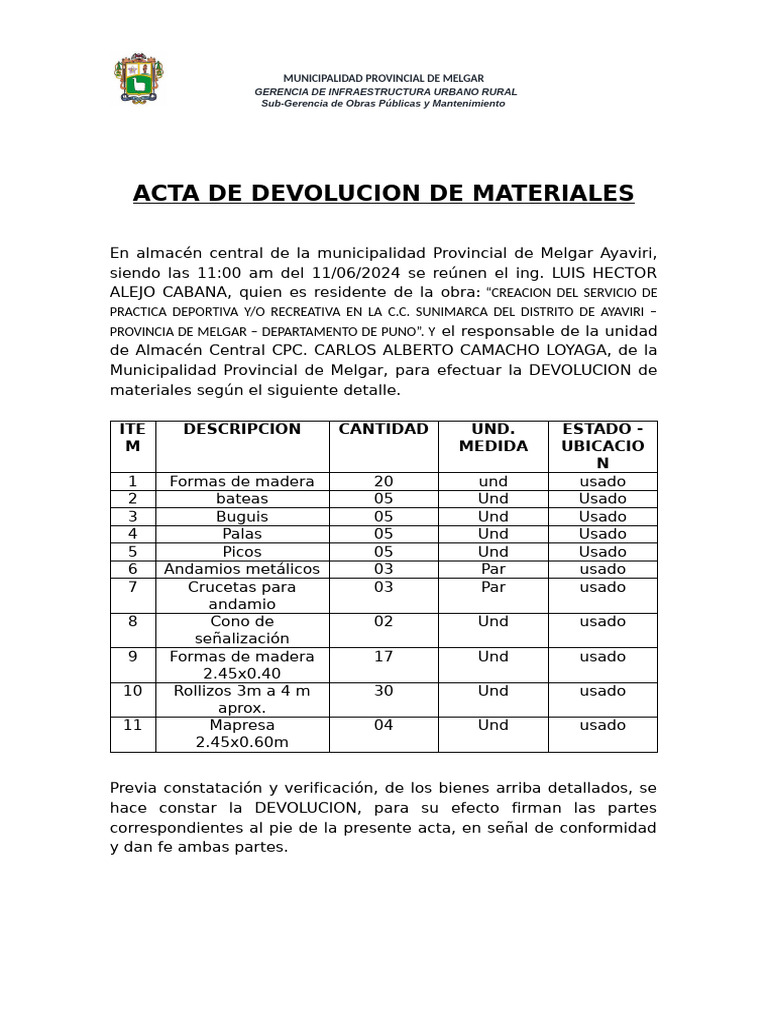 Acta de Devolucion | PDF