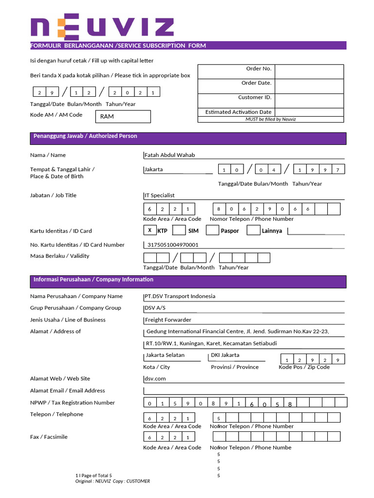 Service Subscription Form Neuviz (PT. DSV) - KPS A10 | PDF