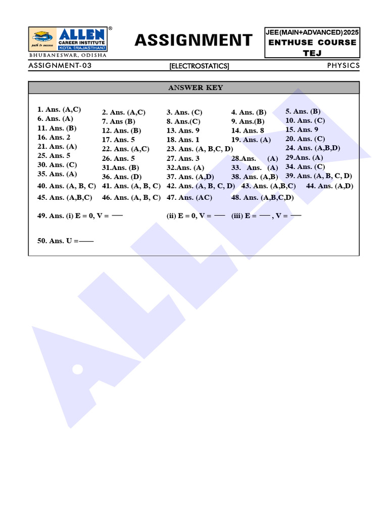 03 Assign Electrostatics 28-02-2024 KEY | PDF
