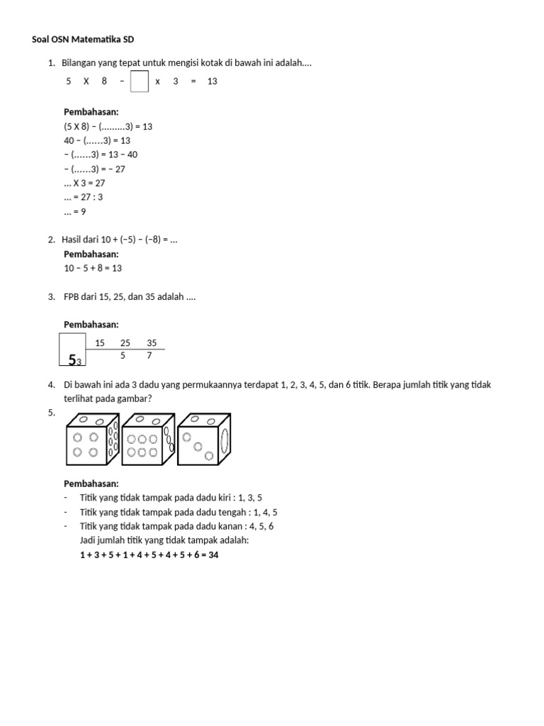 Soal OSN Matematika SD Dan Pembahasan | PDF