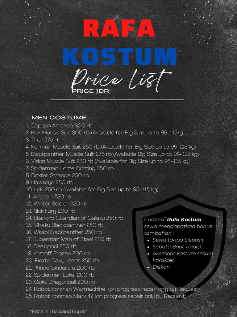 Price List & Ketentuan Sewa Rafa Kostum | PDF