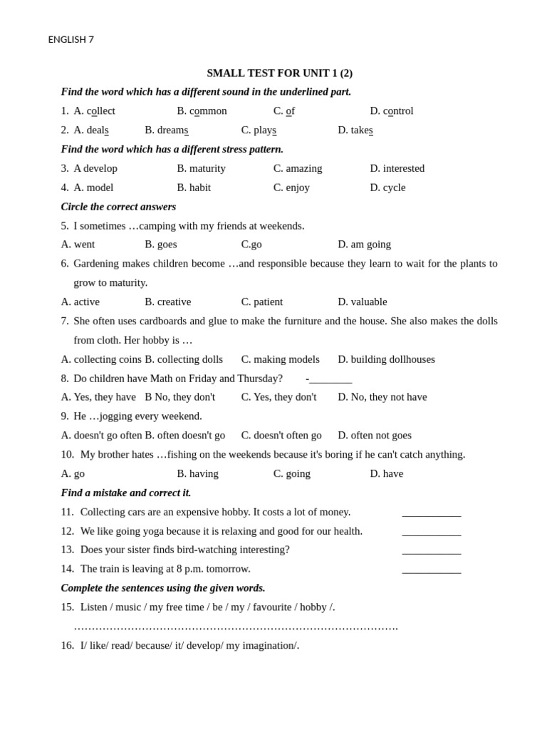 E7 Small Test For Unit 1 | PDF