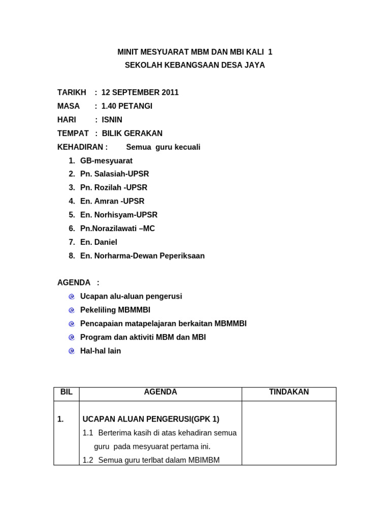 Minit Mesyuarat MBM Dan Mbi Kali 1 | PDF