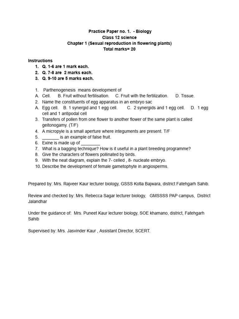 C12 Ch 01 Practice sheet biology | PDF