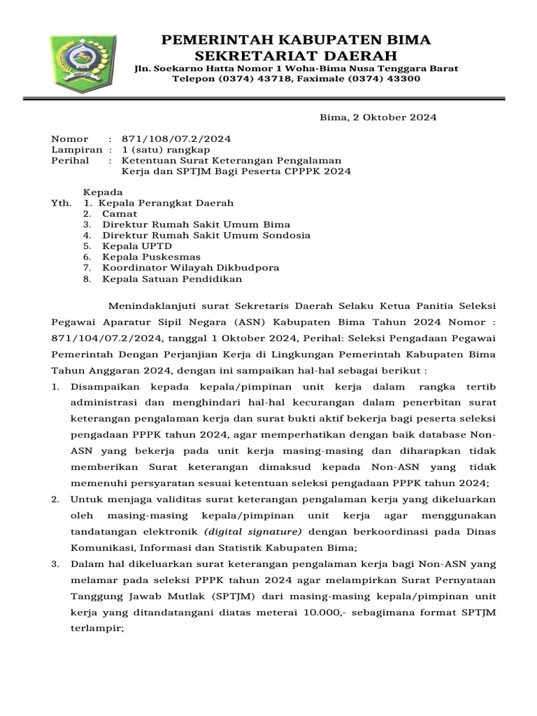 Pengumuman Ketentuan Suket Dan SPTJM Seleksi P3K 2024 | PDF