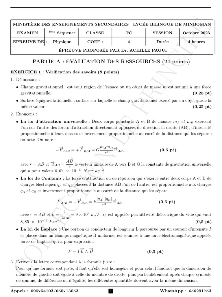 Solution Epreuve Physique Seq 1 Tle C, D, E Et TI Plate Forme COLLECTION LE PRINCIPE | PDF