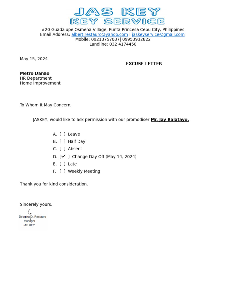 Excuse Letter | PDF