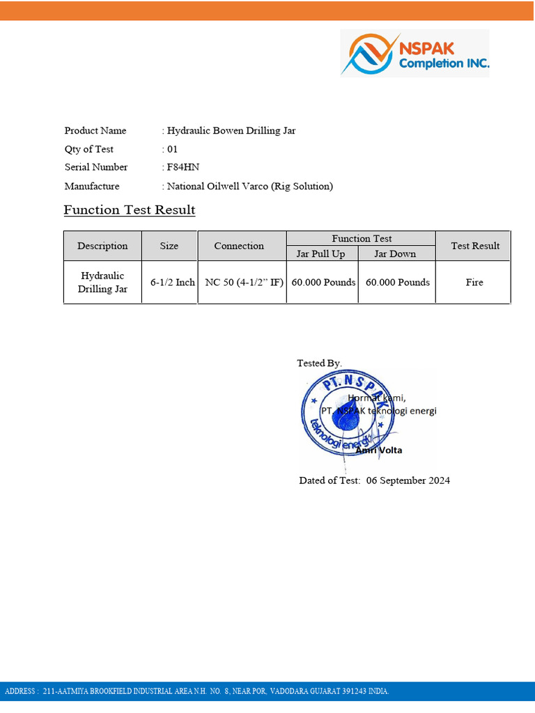 Hydraulic Bowen Drilling Jar Test Results | PDF