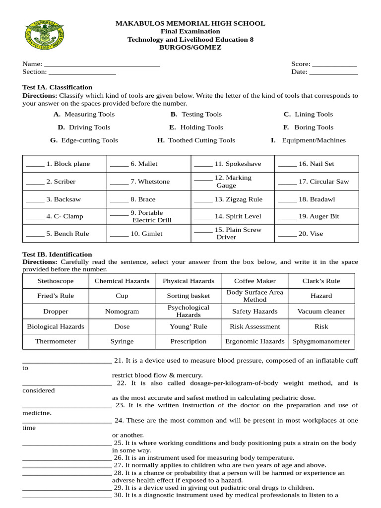 Final (Advanced) Examination - TLE 8 | PDF