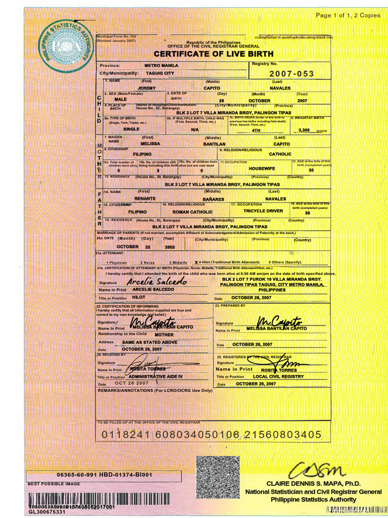 PSA Birth Certificate Sample 2007 | PDF | Social Institutions