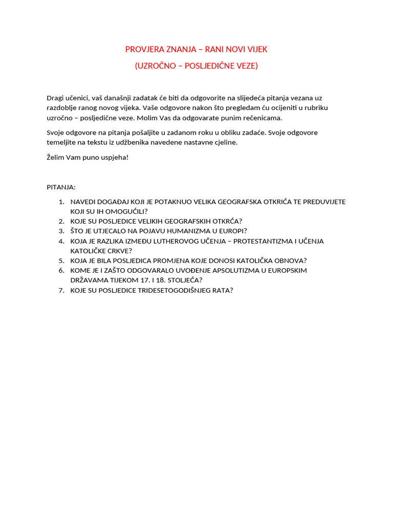 Provjera Znanja - Rani Novi Vijek | PDF