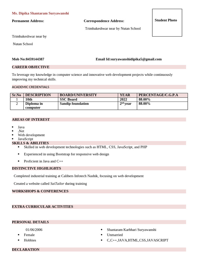 Sample Resume Format | PDF