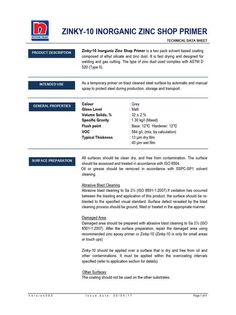 Zinky-10InorganicZincShopPrimer TDS | PDF