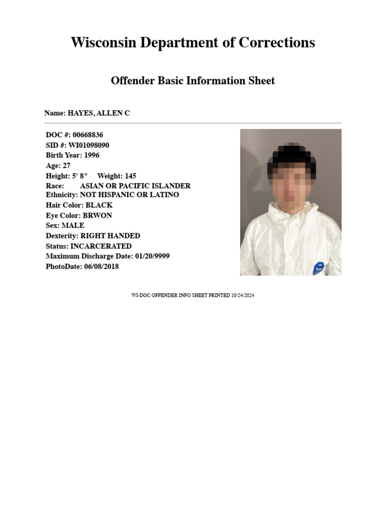 Offender Basic Information Sheet - 00668836 ALLEN C. HAYES | PDF