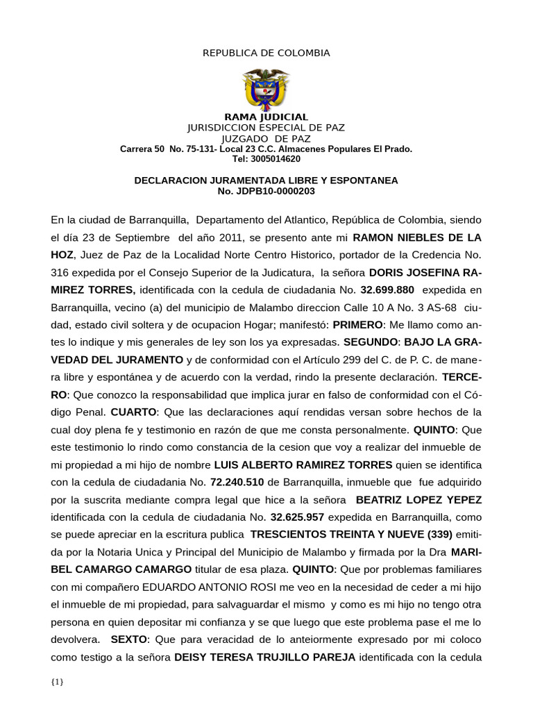 Doris Ramirez Declaracion Juramentada | PDF
