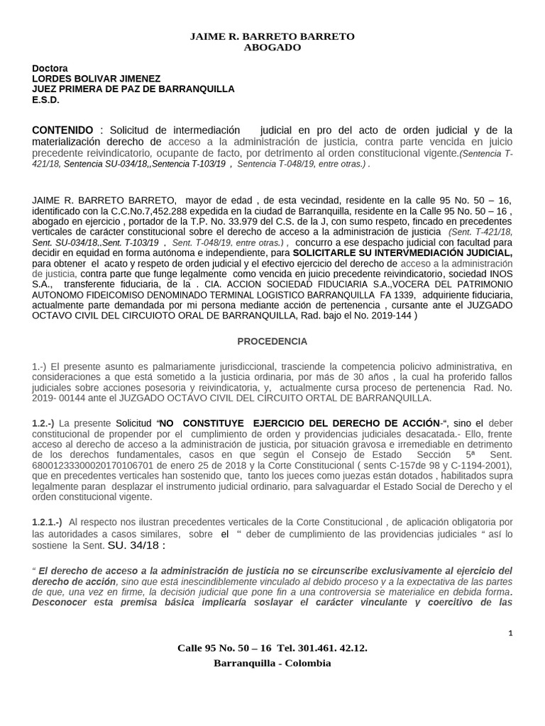 Sol. Amparo Judicial Juzd. Primero de Paz | PDF