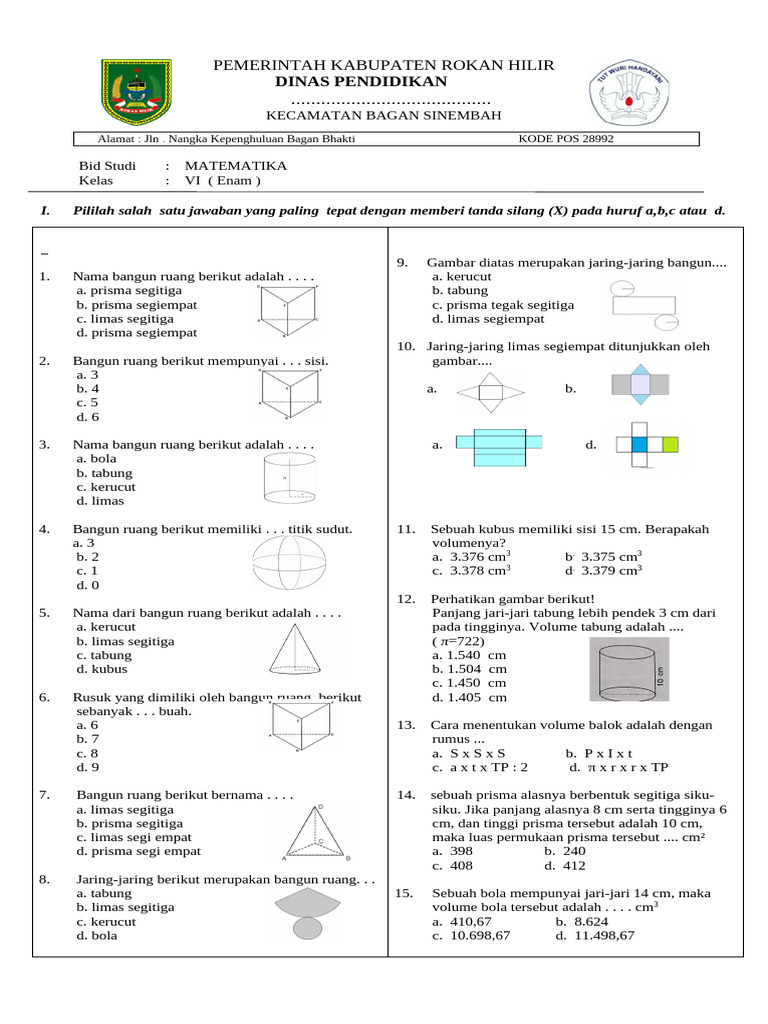 Soal Ujian Sekolah Matematika Pdf