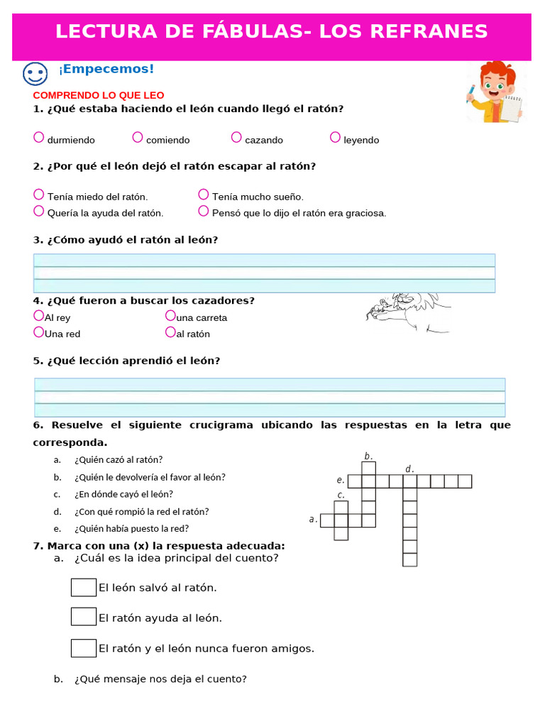 d1 A1 Ficha Com. Leemos Una Fabula Leon y Raton | PDF | Artes del ...