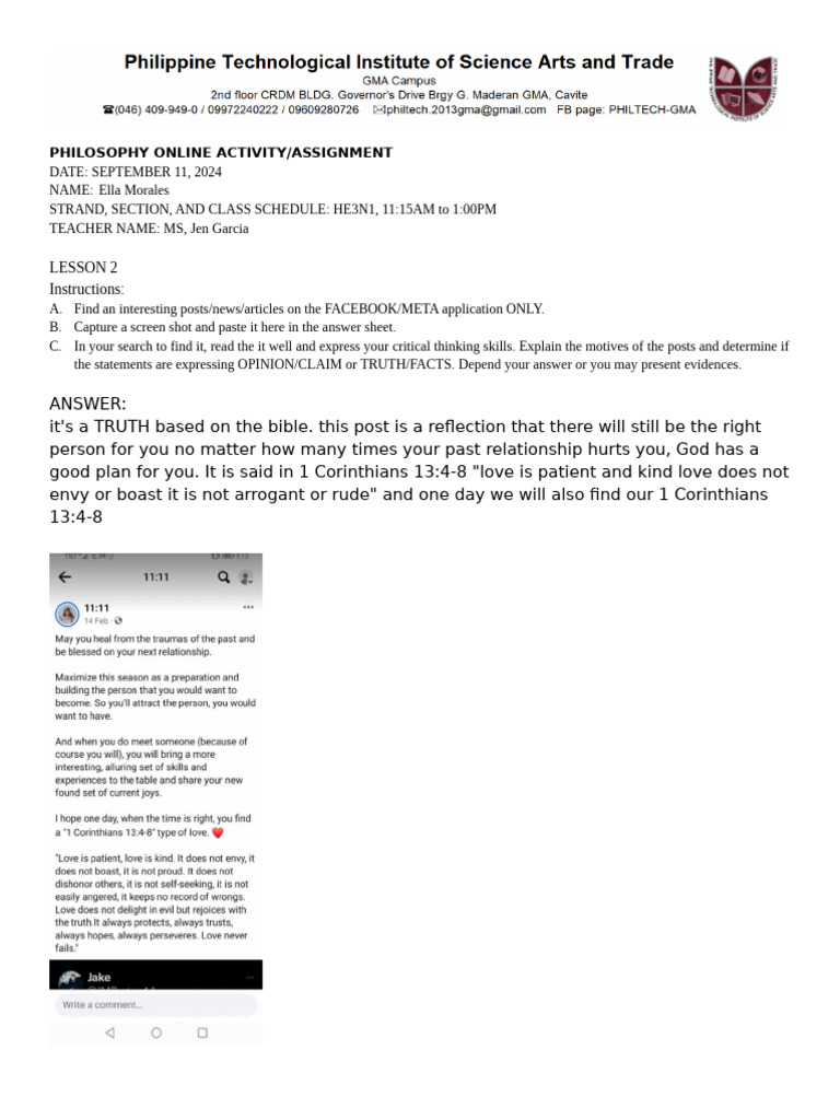 Philo Lesson 2 Online Assignment Activity 2 | PDF